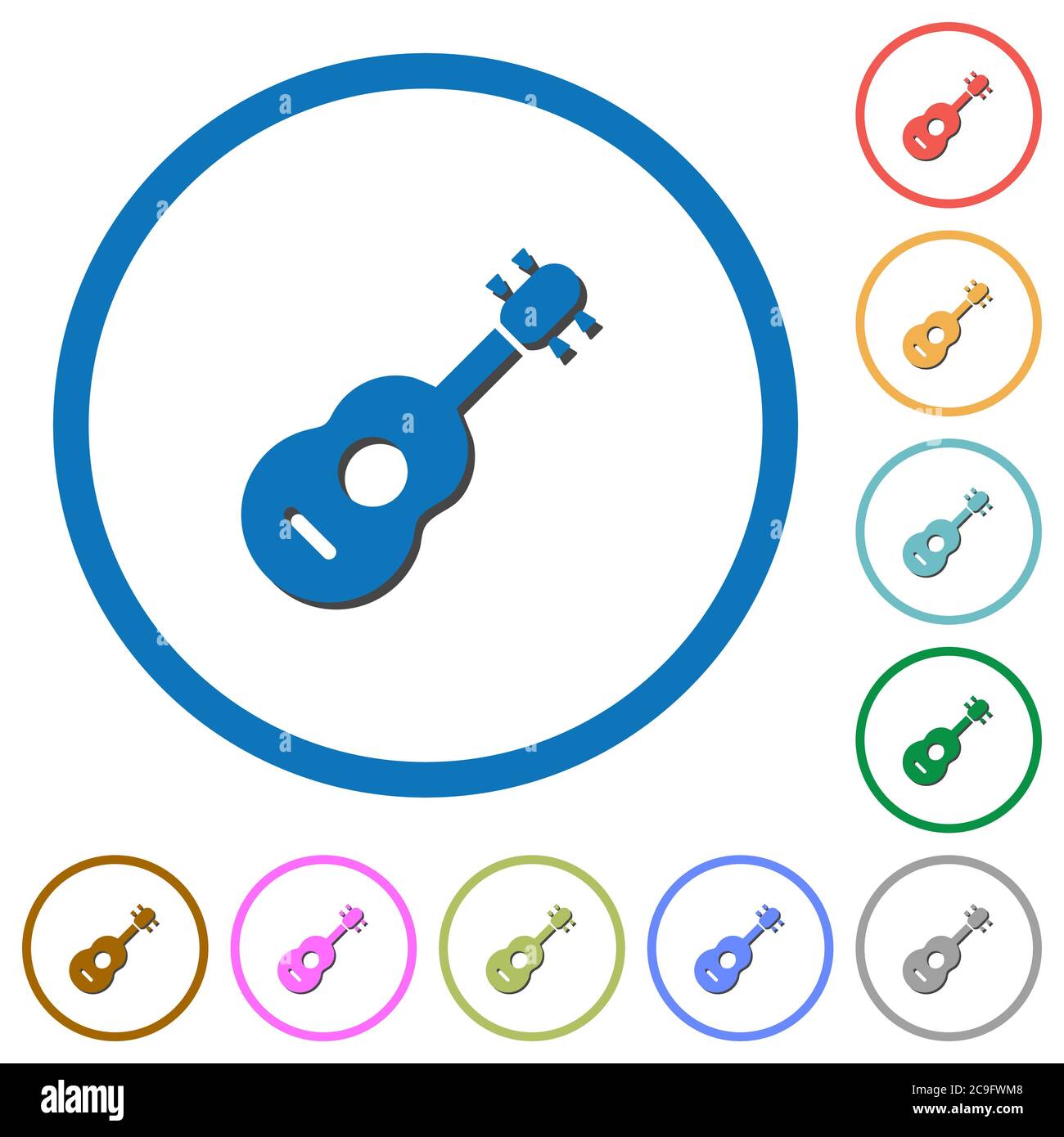 Acoustic guitar flat color vector icons with shadows in round outlines ...
