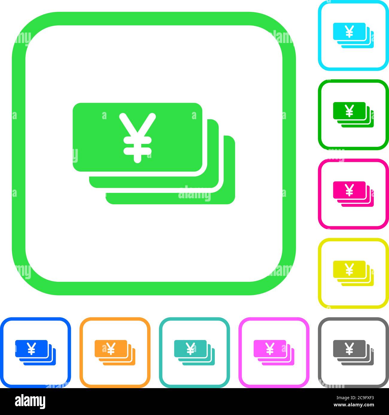 Yen banknotes vivid colored flat icons in curved borders on white ...