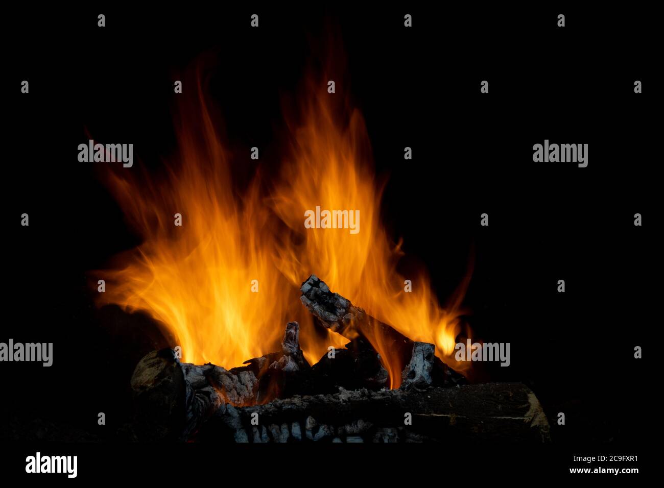 Flames in different forms of a bonfire made with orange tree trunks in ...