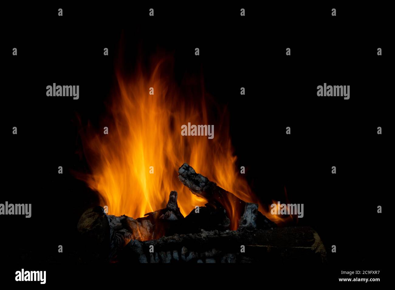 Flames in different forms of a bonfire made with orange tree trunks in ...