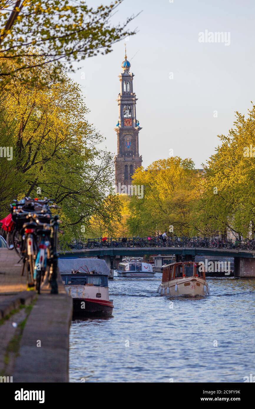Westerkerk Tower and Prinsengracht Canal, Amsterdam, Netherlands Stock ...
