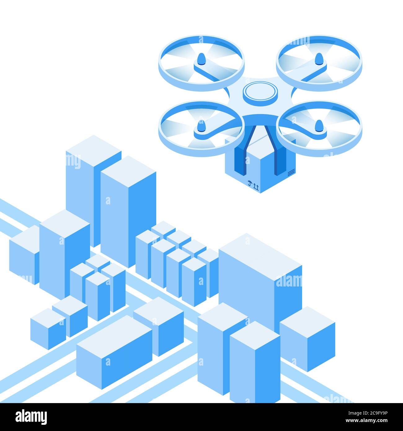 Minimalistic map of a city with buildings with a delivery drone flying ...