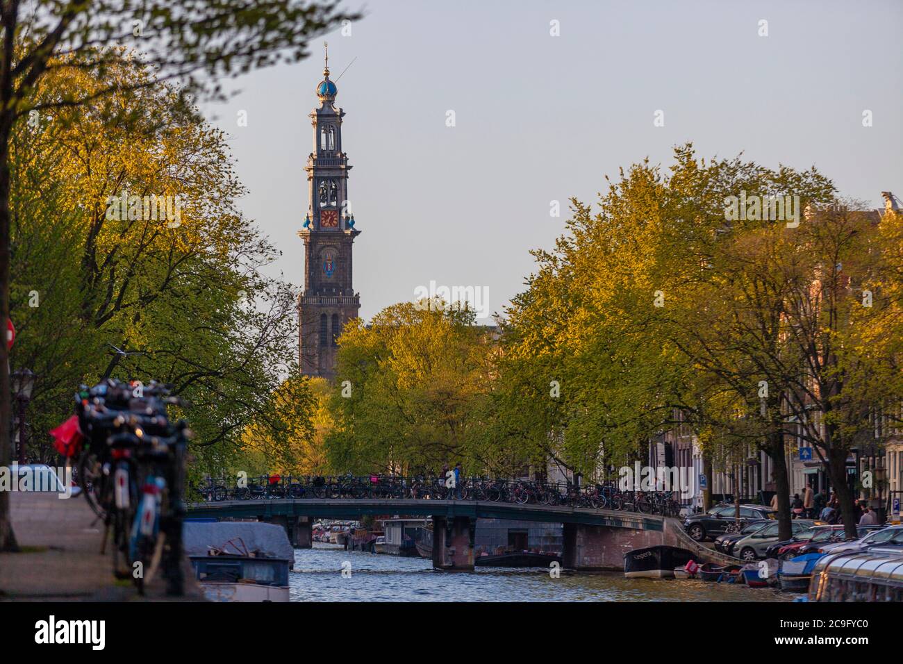 Westerkerk Tower and Prinsengracht Canal, Amsterdam, Netherlands Stock ...