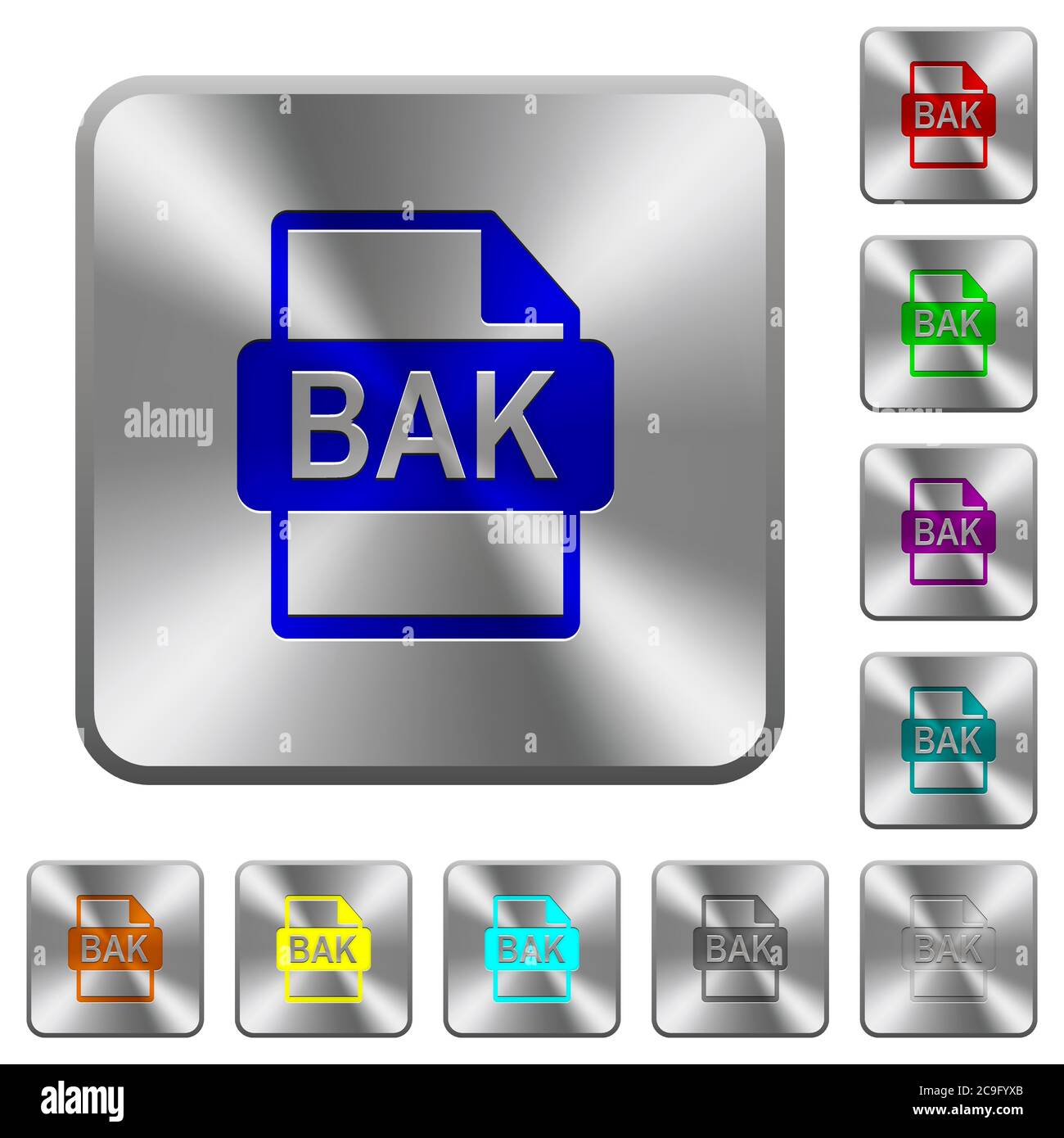 BAK file format engraved icons on rounded square glossy steel buttons ...