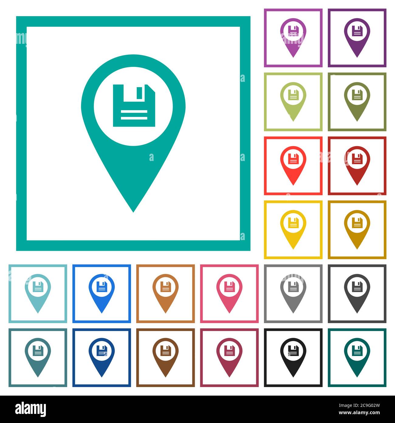 Save GPS map location flat color icons with quadrant frames on white ...