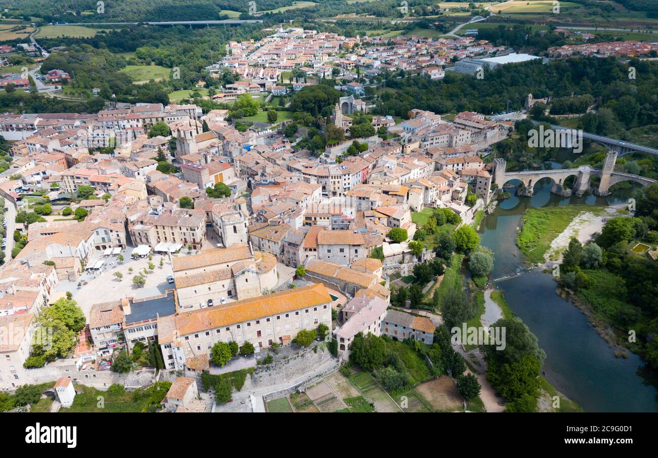View from drone of medieval Spain town of Besalu with Romanesque bridge ...