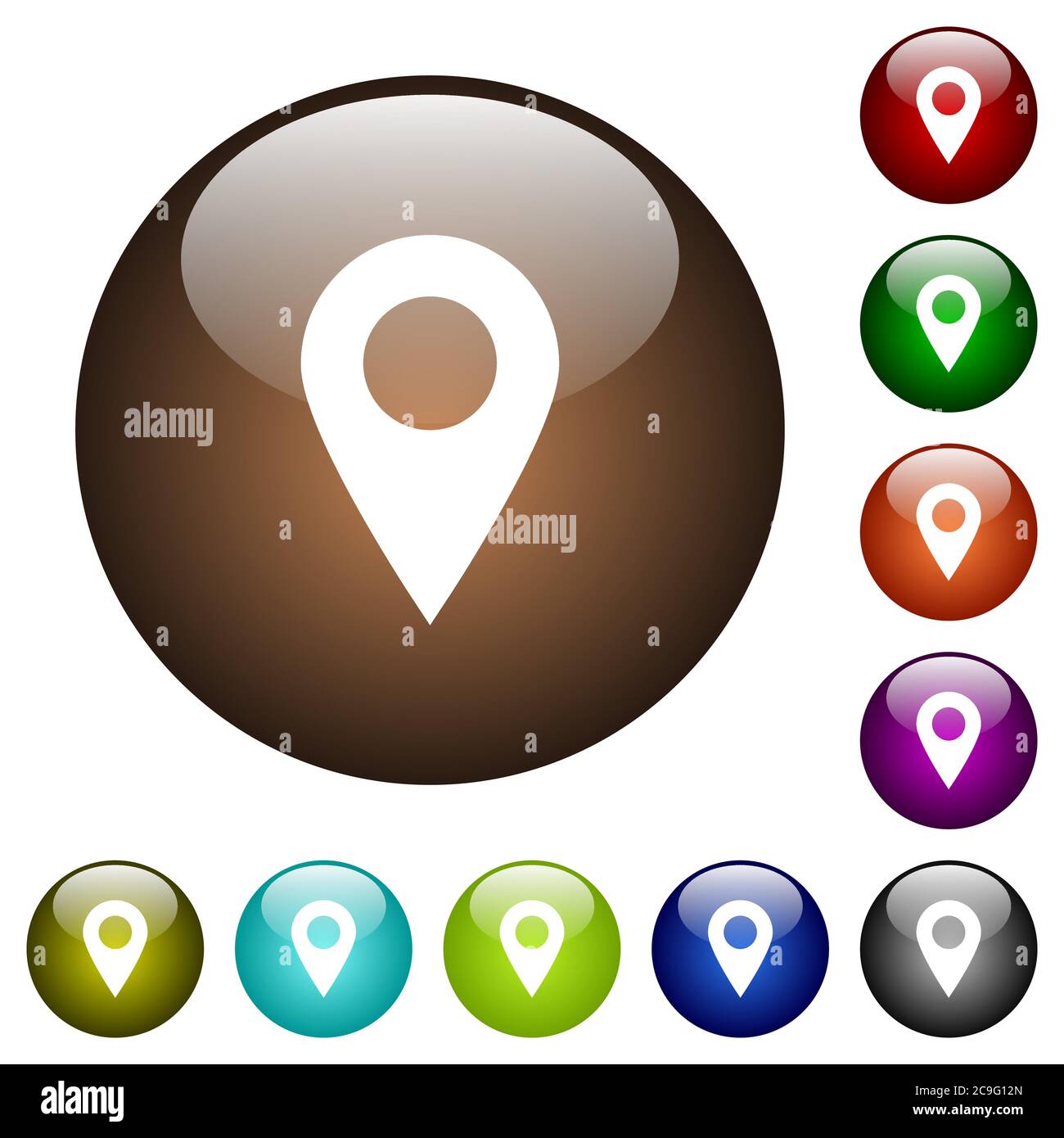 Blank GPS map location pin white icons on round color glass buttons ...