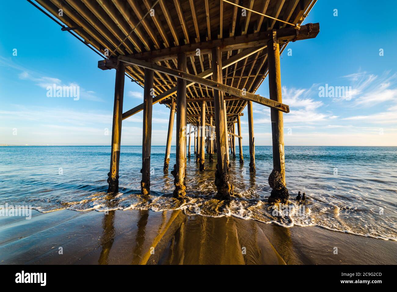 Malibu wooden pier seen from below, Los Angeles. Southern California ...