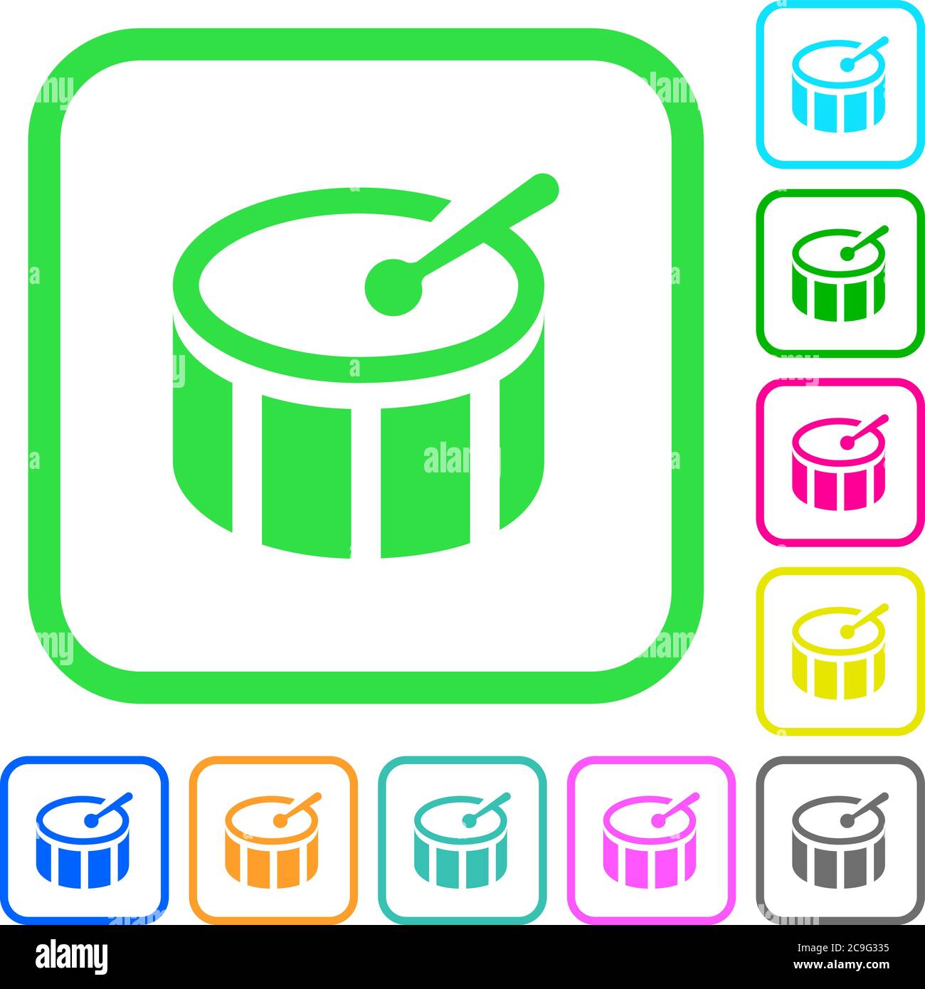Drum vivid colored flat icons in curved borders on white background ...