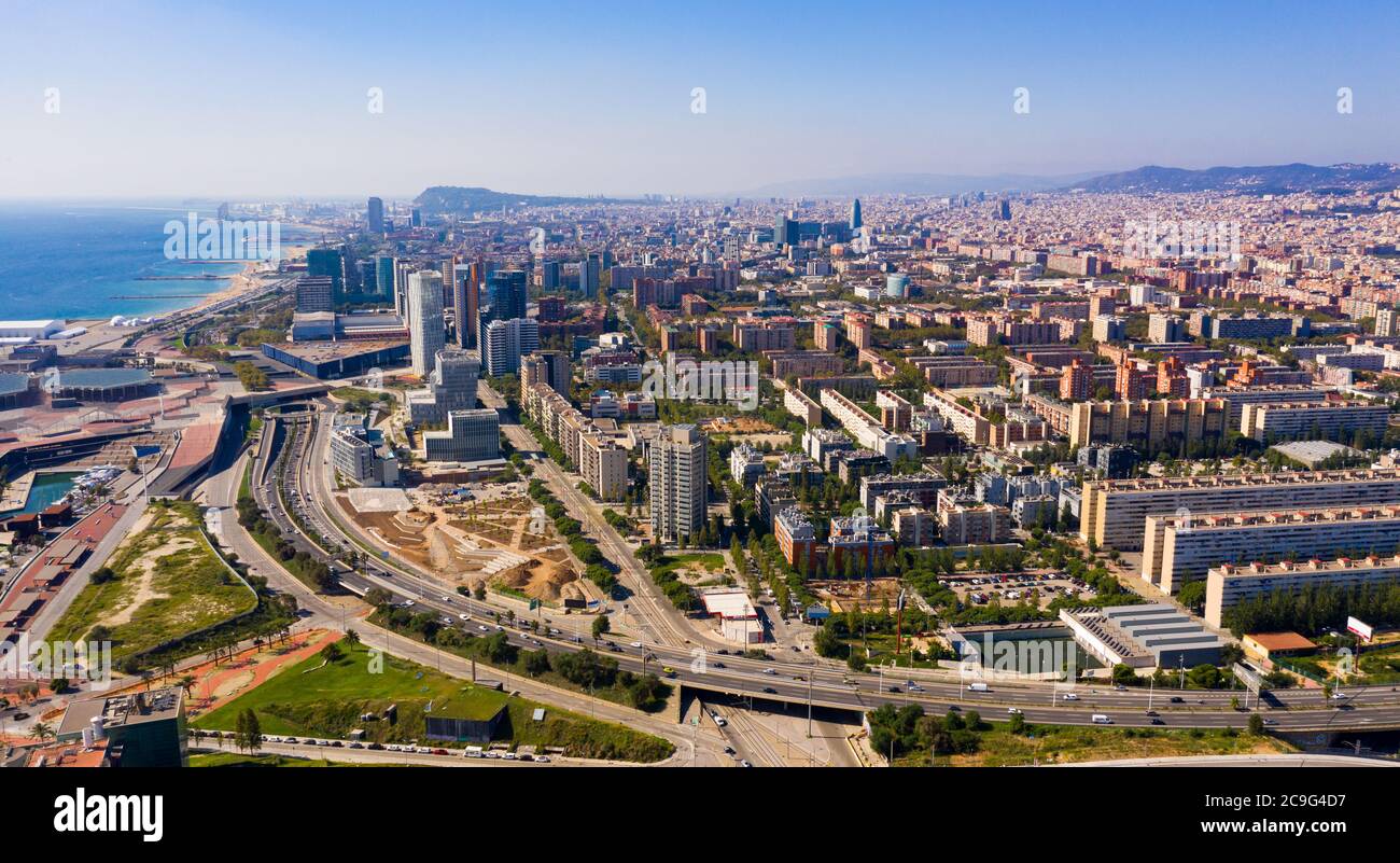 Aerial panoramic view of residential area of Diagonal Mar with modern ...