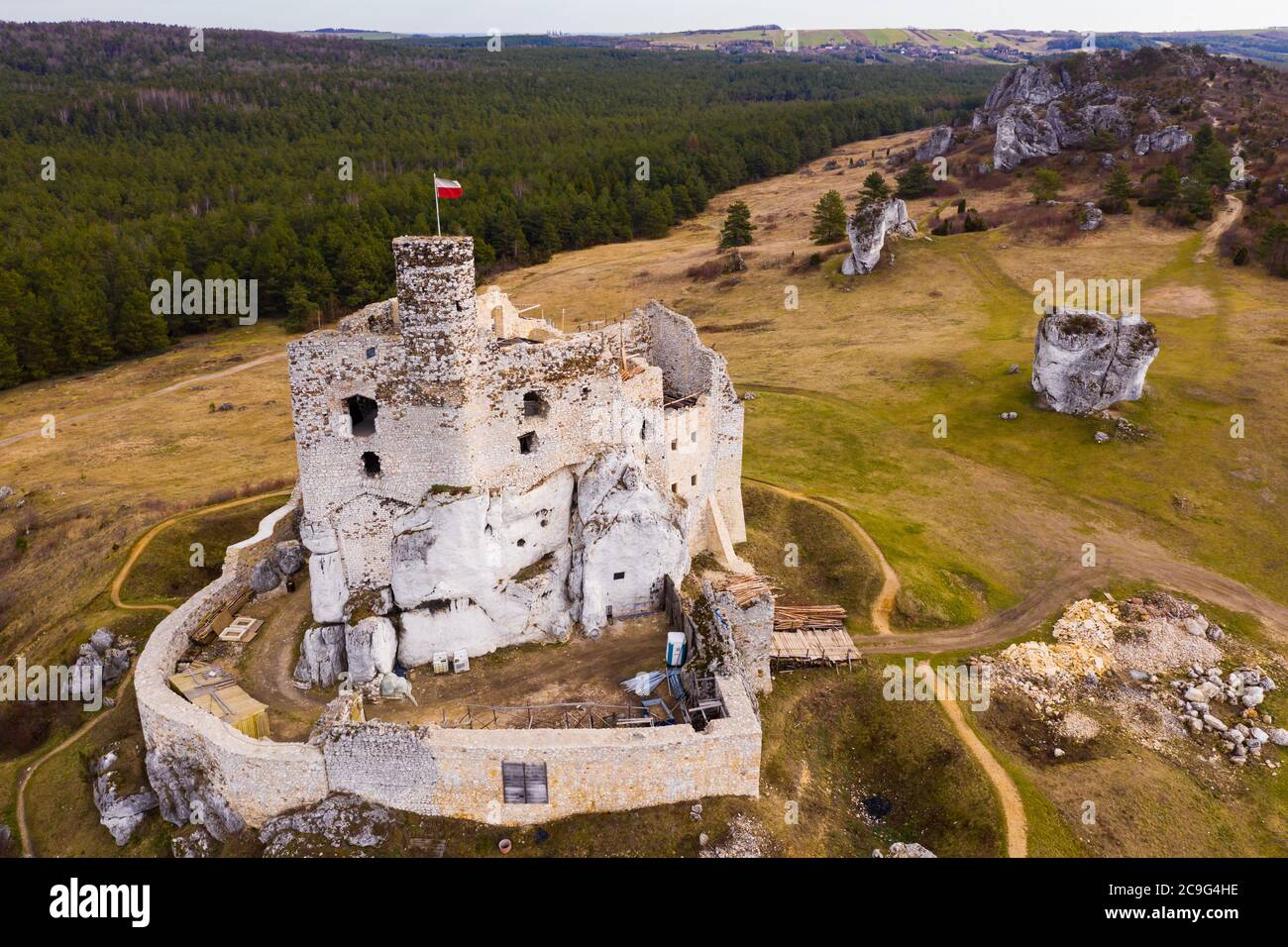 Aerial view of ruined castle complex in Mirow, Poland, at sunny spring ...
