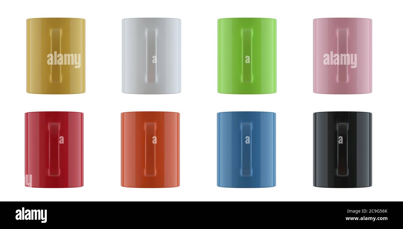 Set of standard colored cups on white background Stock Photo - Alamy
