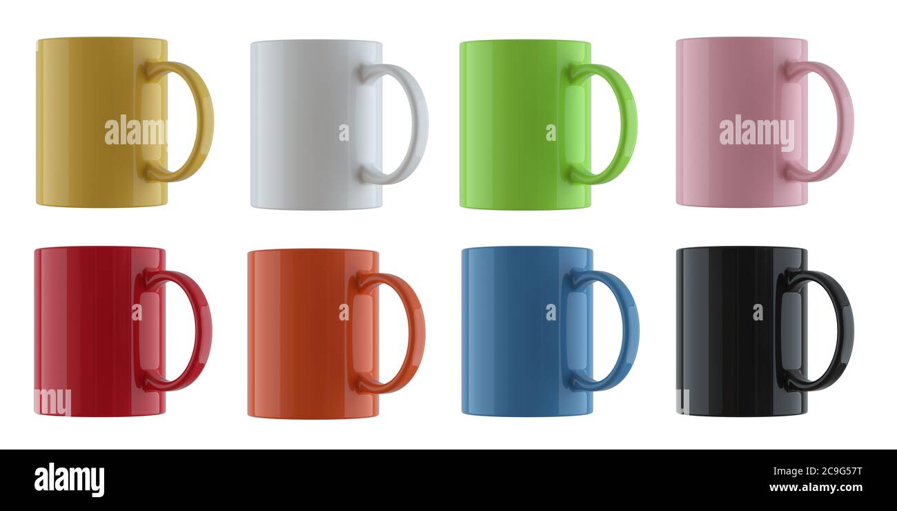 Set of standard colored cups on white background Stock Photo - Alamy