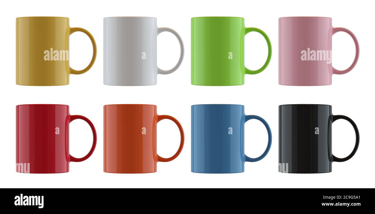 Set of standard colored cups on white background Stock Photo - Alamy