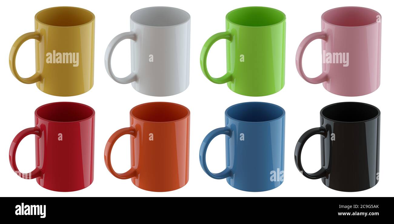 Set of standard colored cups on white background Stock Photo - Alamy