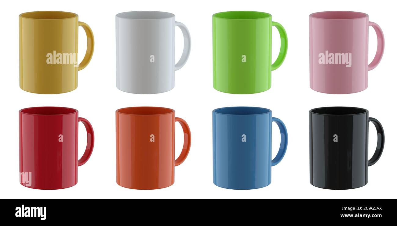 Set of standard colored cups on white background Stock Photo - Alamy