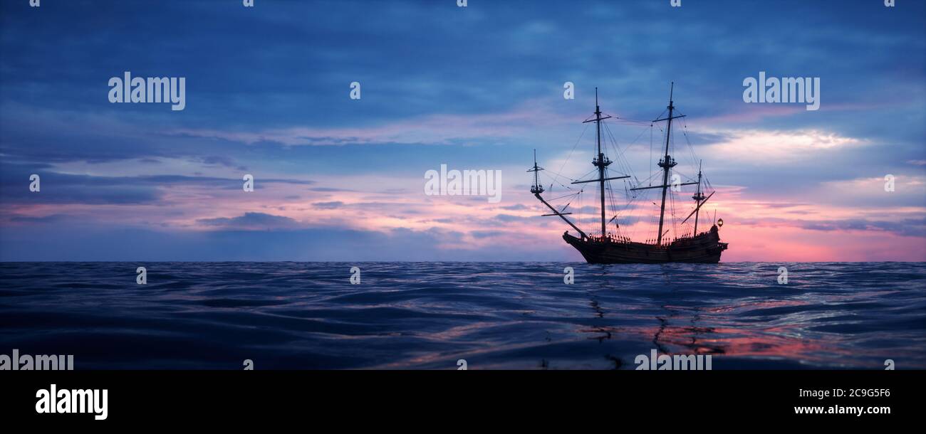 Ancient ship sailing in the ocean. (Right side Stock Photo - Alamy