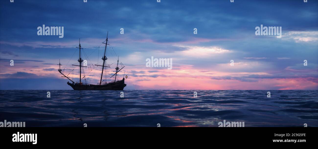 Ancient ship sailing in the ocean. (Left side Stock Photo - Alamy