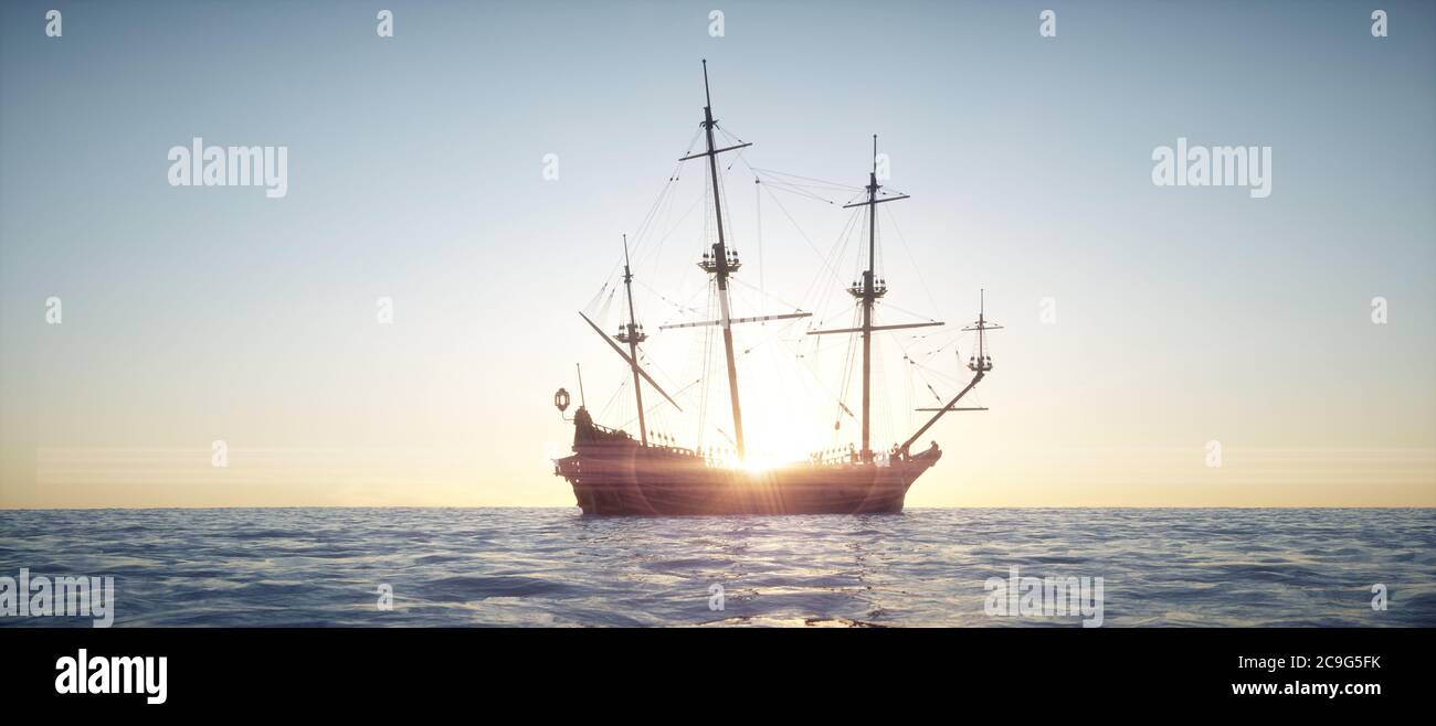 Sailing vessel sailing in the ocean with sunset Stock Photo - Alamy