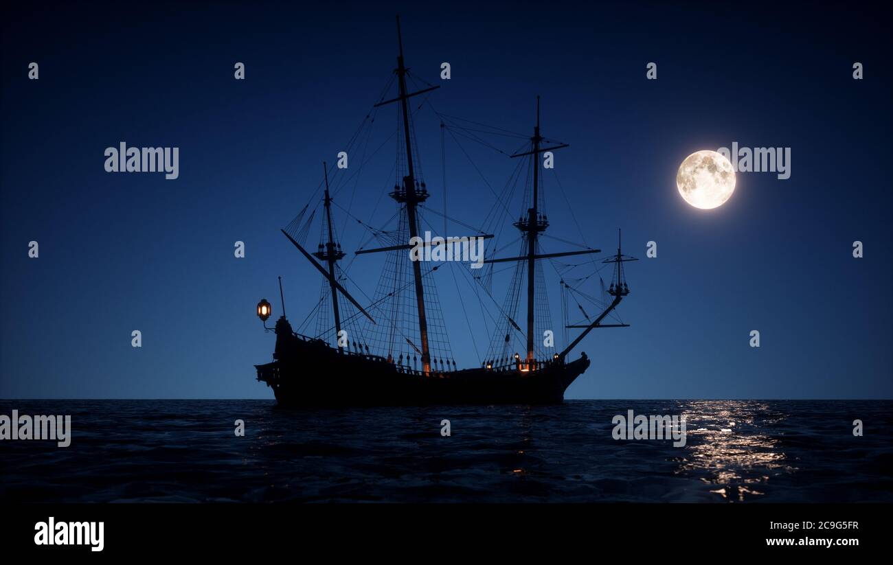 Old sailing ship night moon hi-res stock photography and images - Alamy
