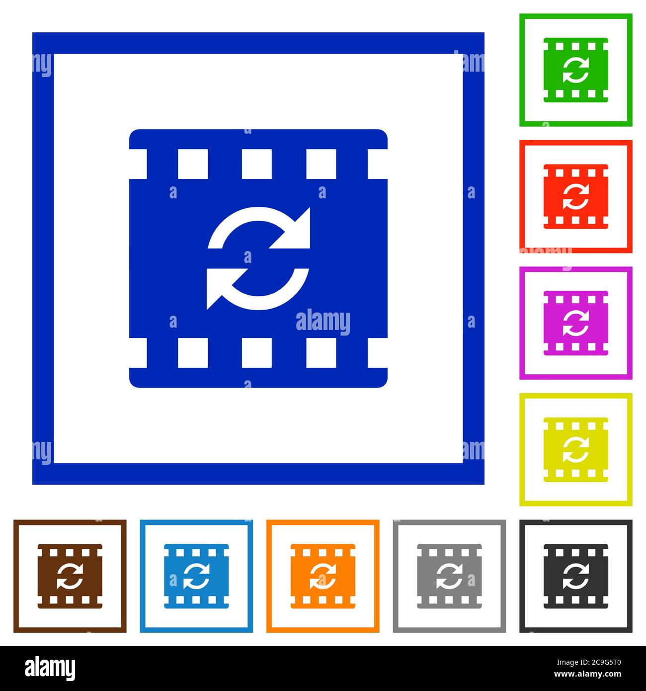 Restart movie flat color icons in square frames on white background ...