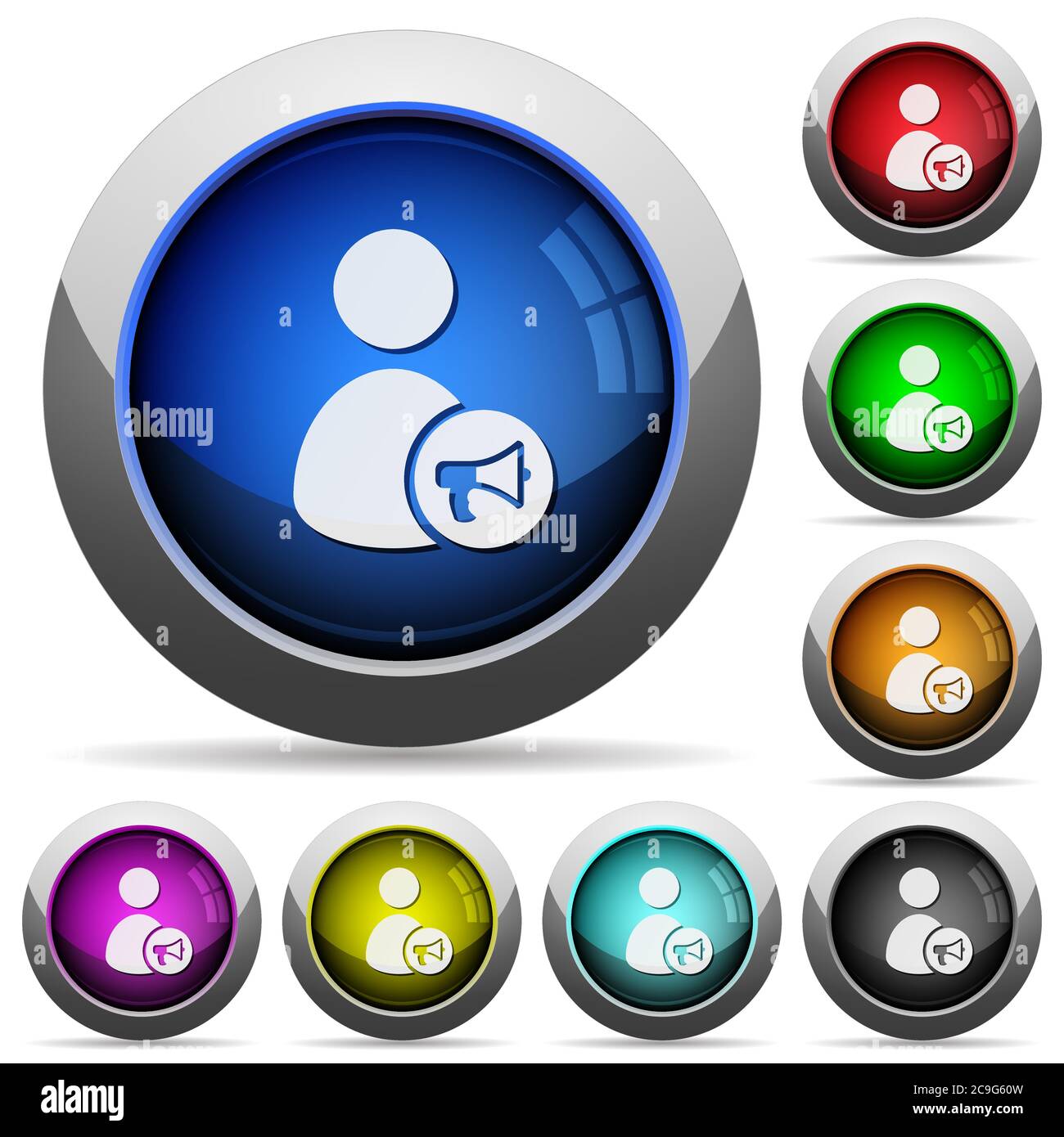 User notification icons in round glossy buttons with steel frames Stock ...