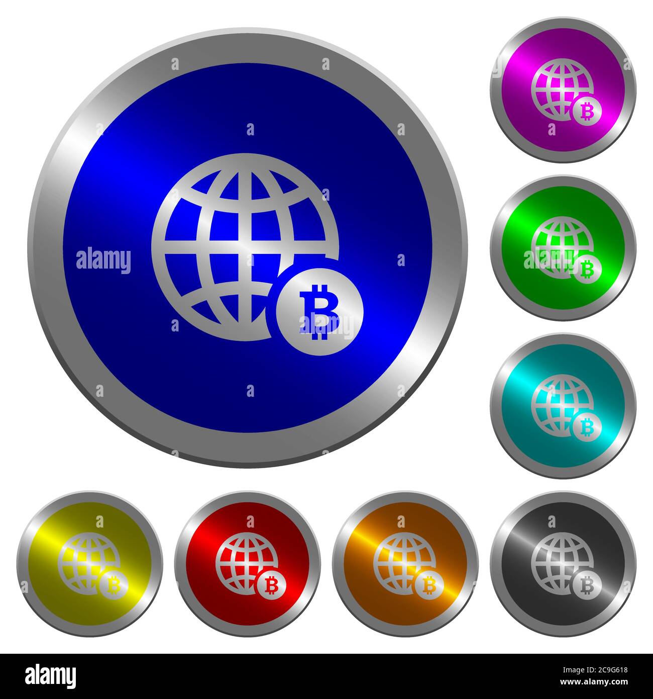 Online Bitcoin payment icons on round luminous coin-like color steel ...
