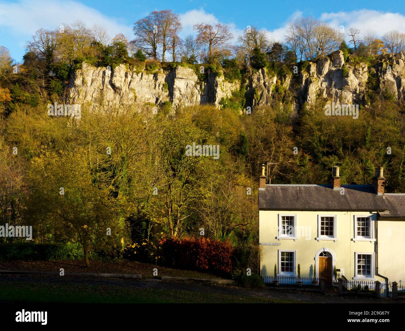 Limestone cliffs at Matlock Bath a village in the Derbyshire Peak ...