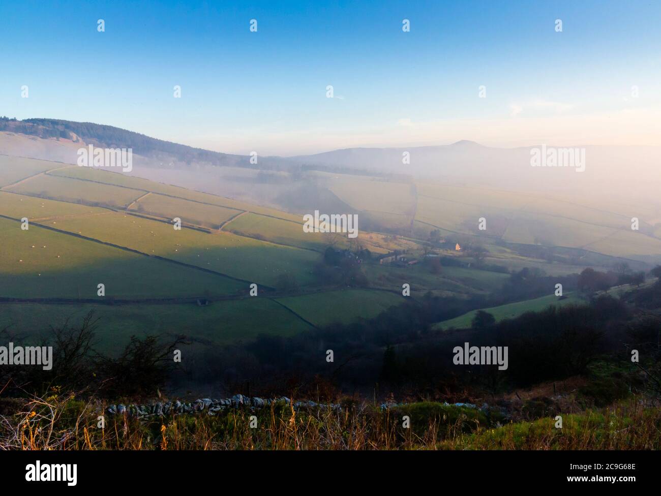 Misty view of countryside near Tegg's Nose near Macclesfield on the ...