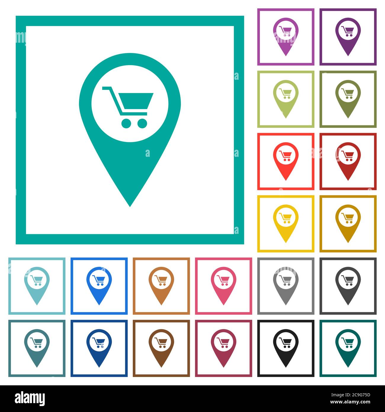 Department store GPS map location flat color icons with quadrant frames ...