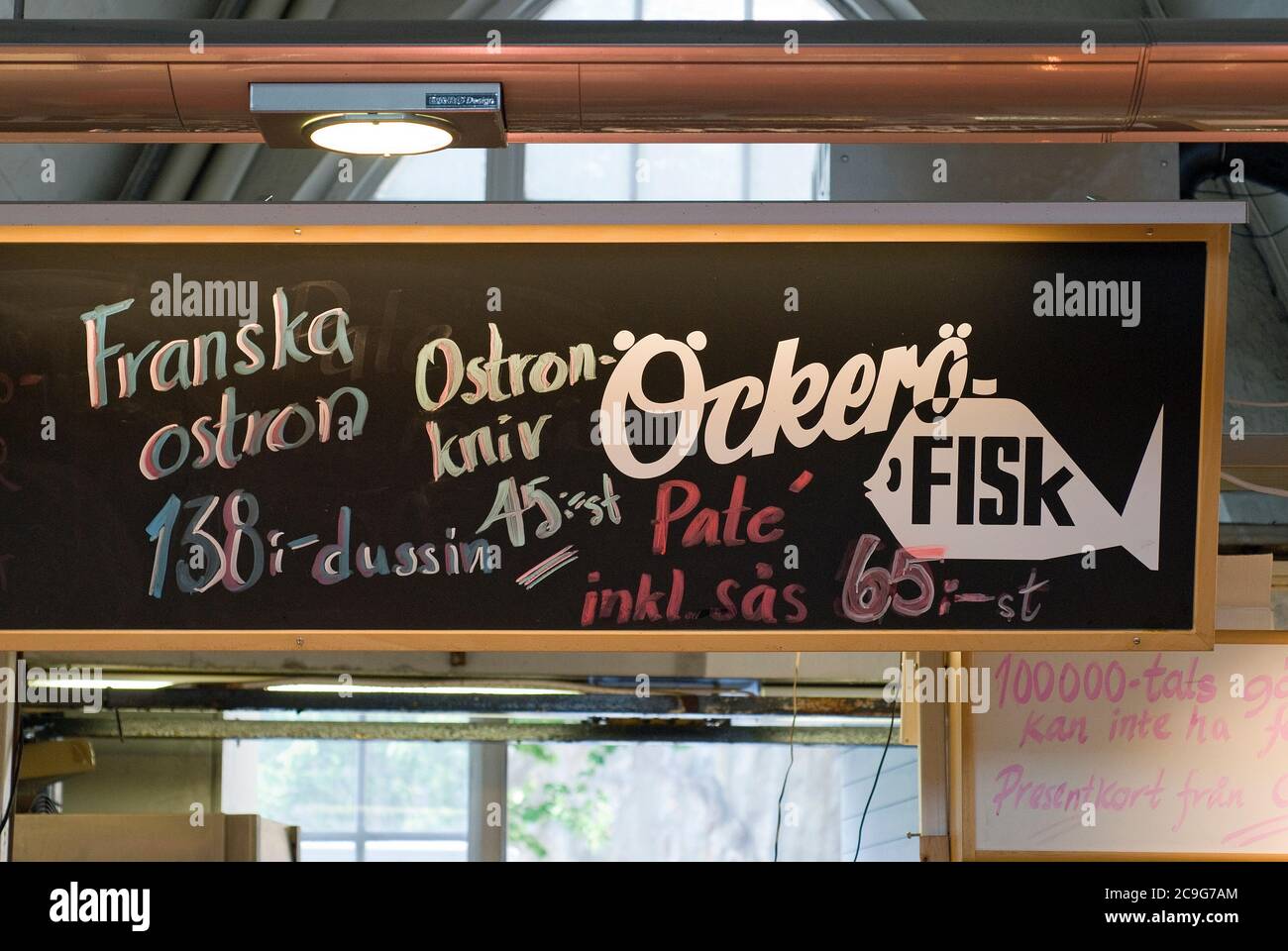 Blackboard sign at Feskekörka Fish Market, Gothenburg, Sweden Stock ...