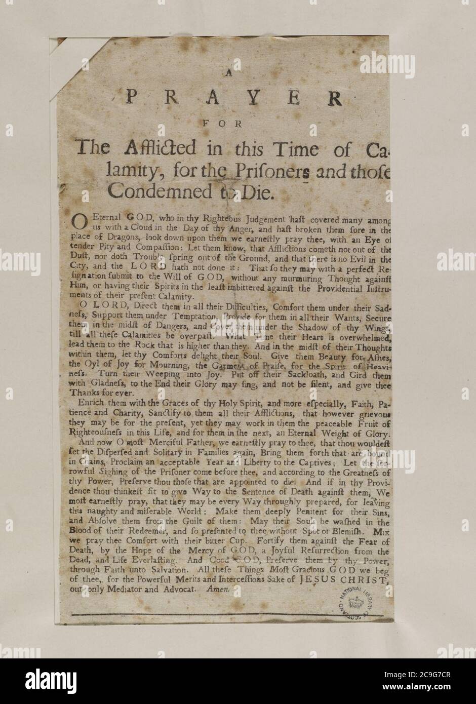 Jacobite broadside - Prayer for the afflicted in this time of calamity ...