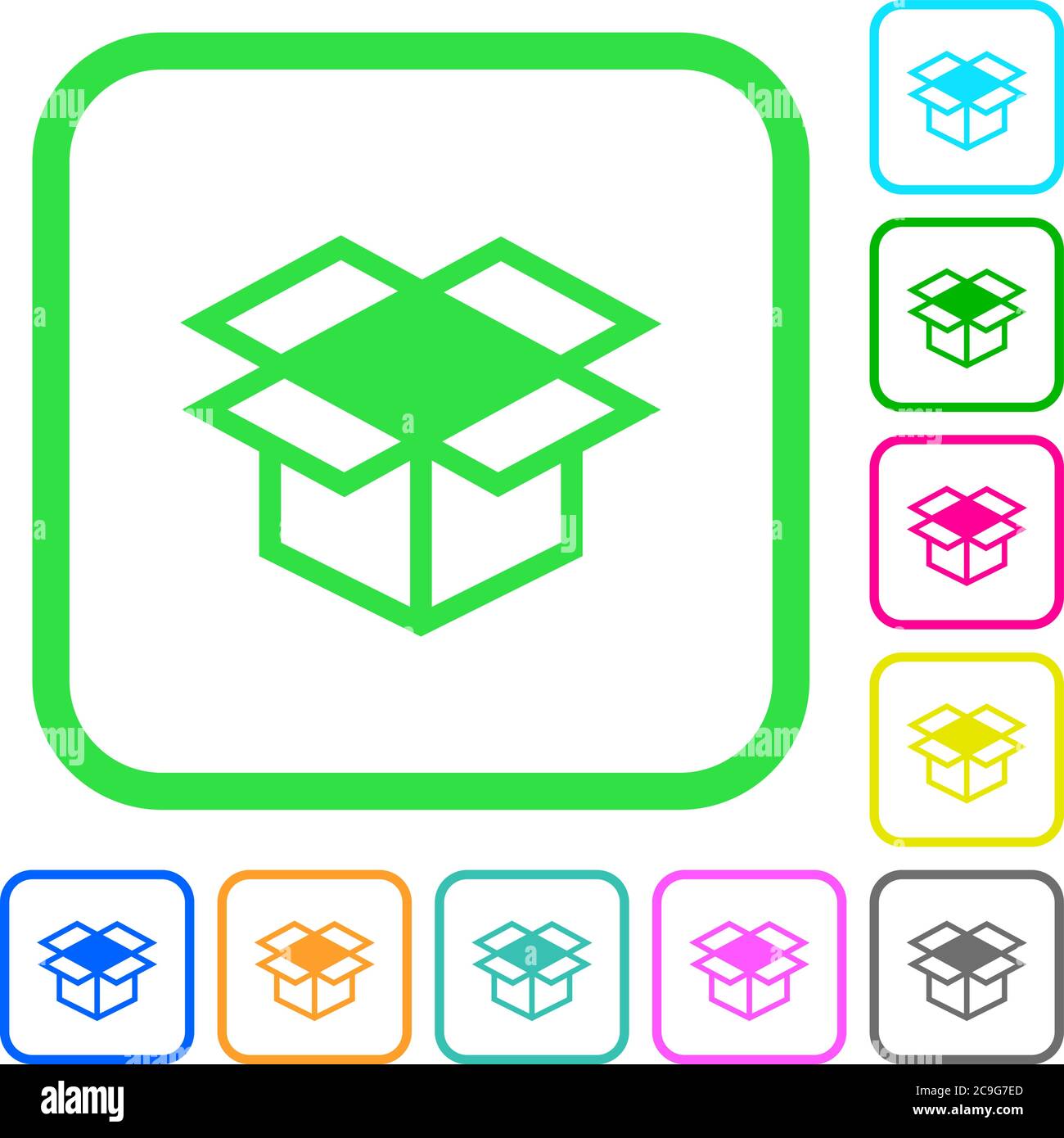 Open box vivid colored flat icons in curved borders on white background ...