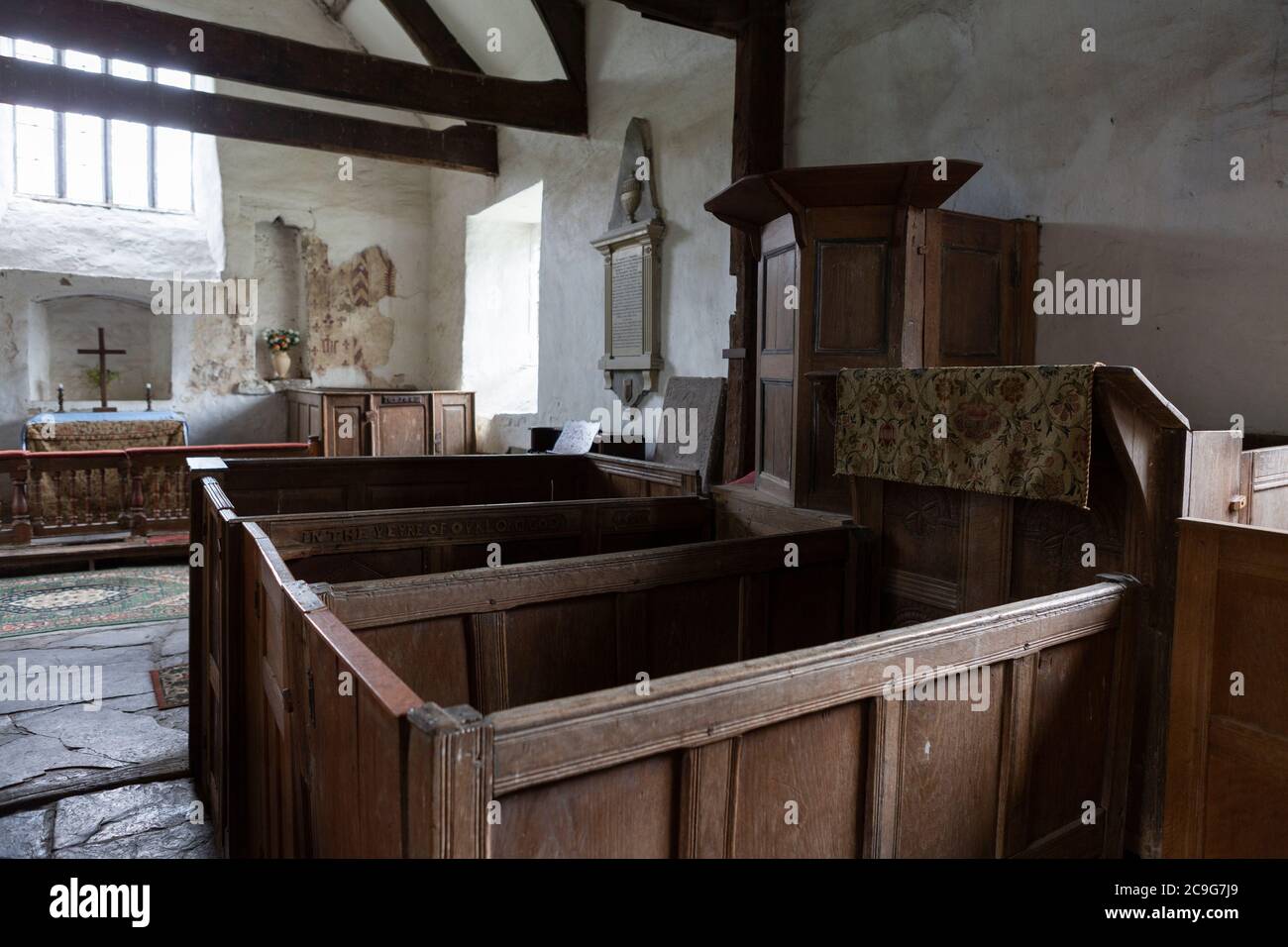 Interior of the ancient St Cewydd's Church, Disserth, mid Wales, with ...