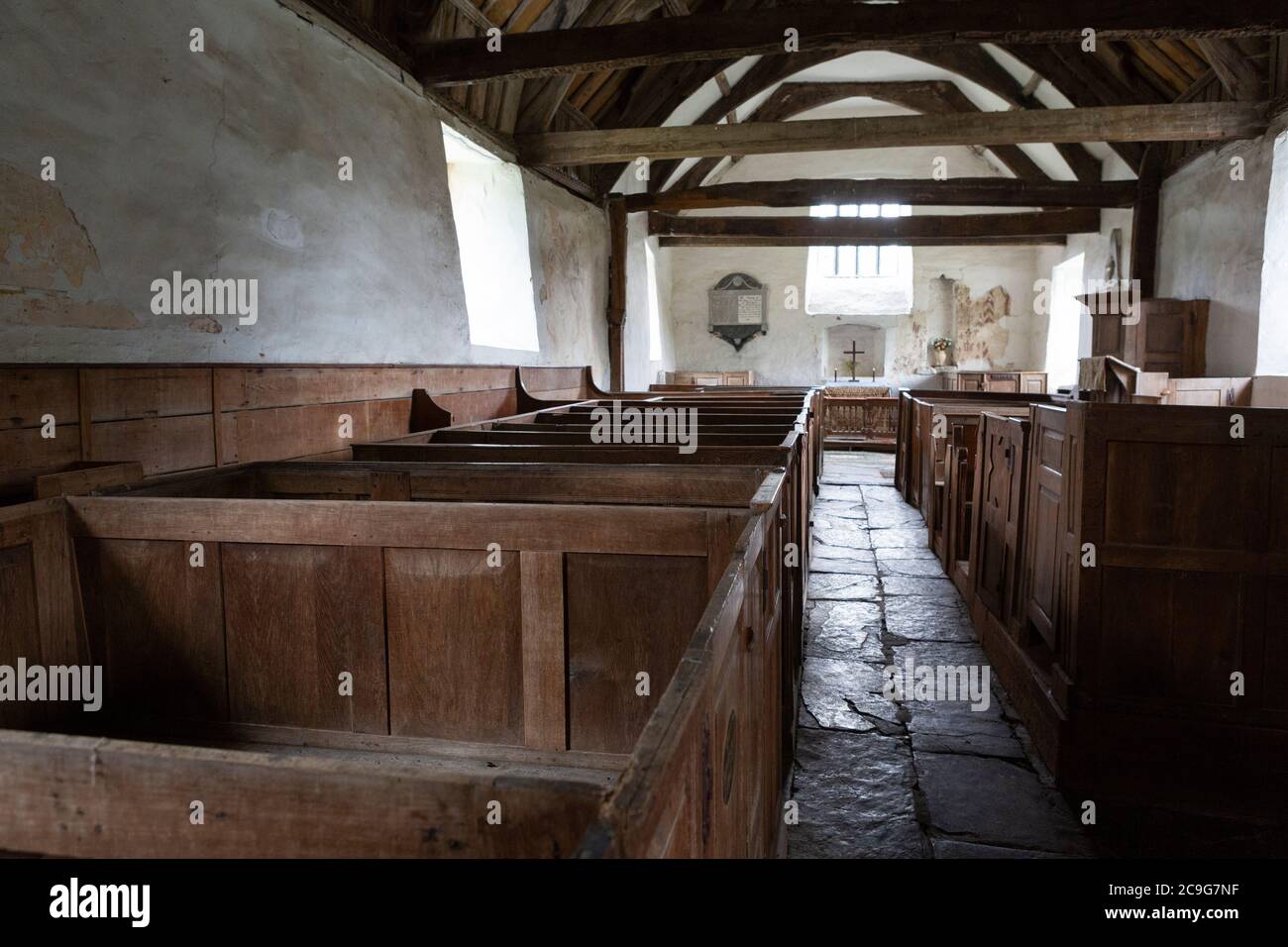 Interior of the ancient St Cewydd's Church, Disserth, mid Wales, with ...