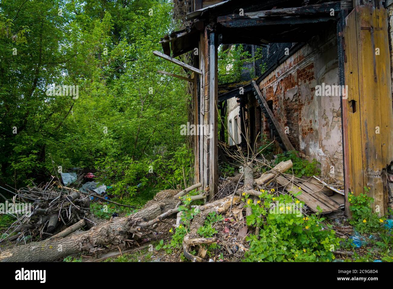 Old and broken wooden house in countryside background Stock Photo - Alamy
