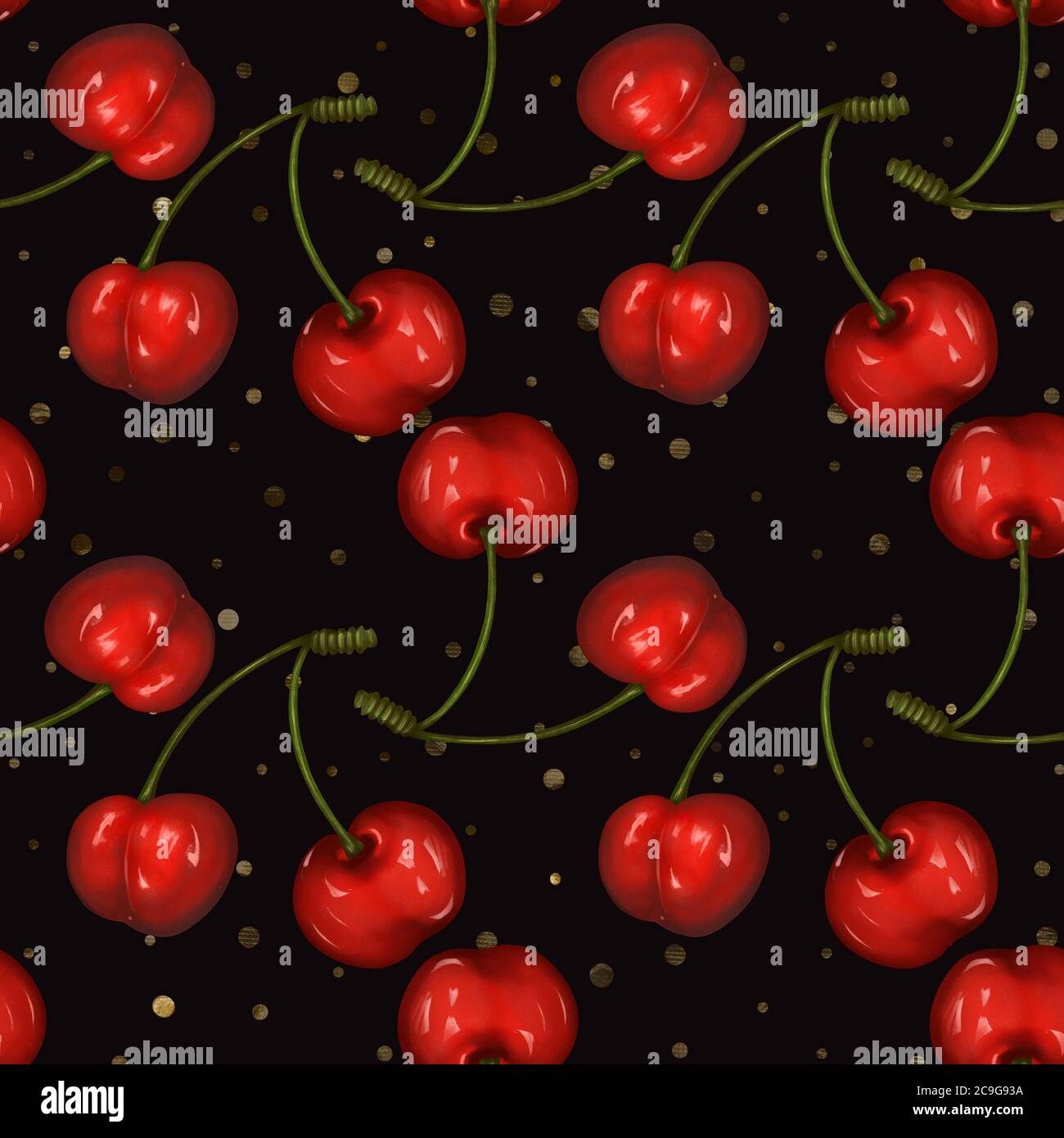 realistic cherries. seamless pattern hand-drawn with golden dots on ...