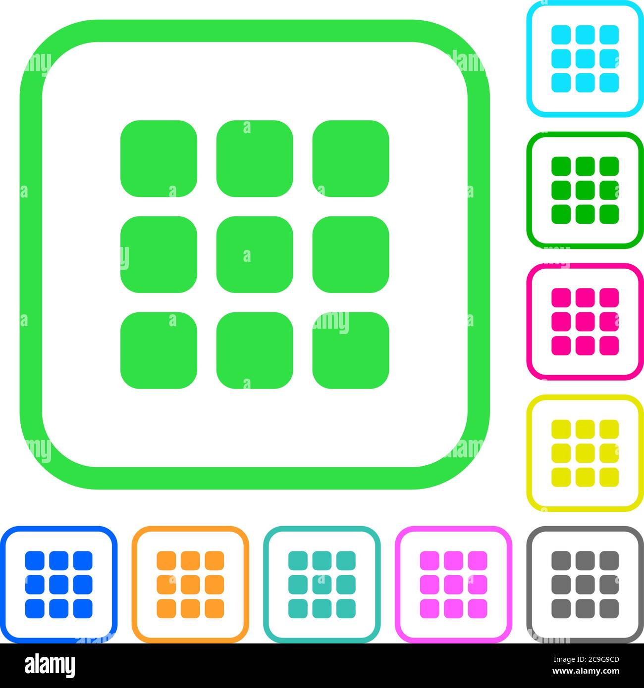 Small thumbnail view mode vivid colored flat icons in curved borders on ...