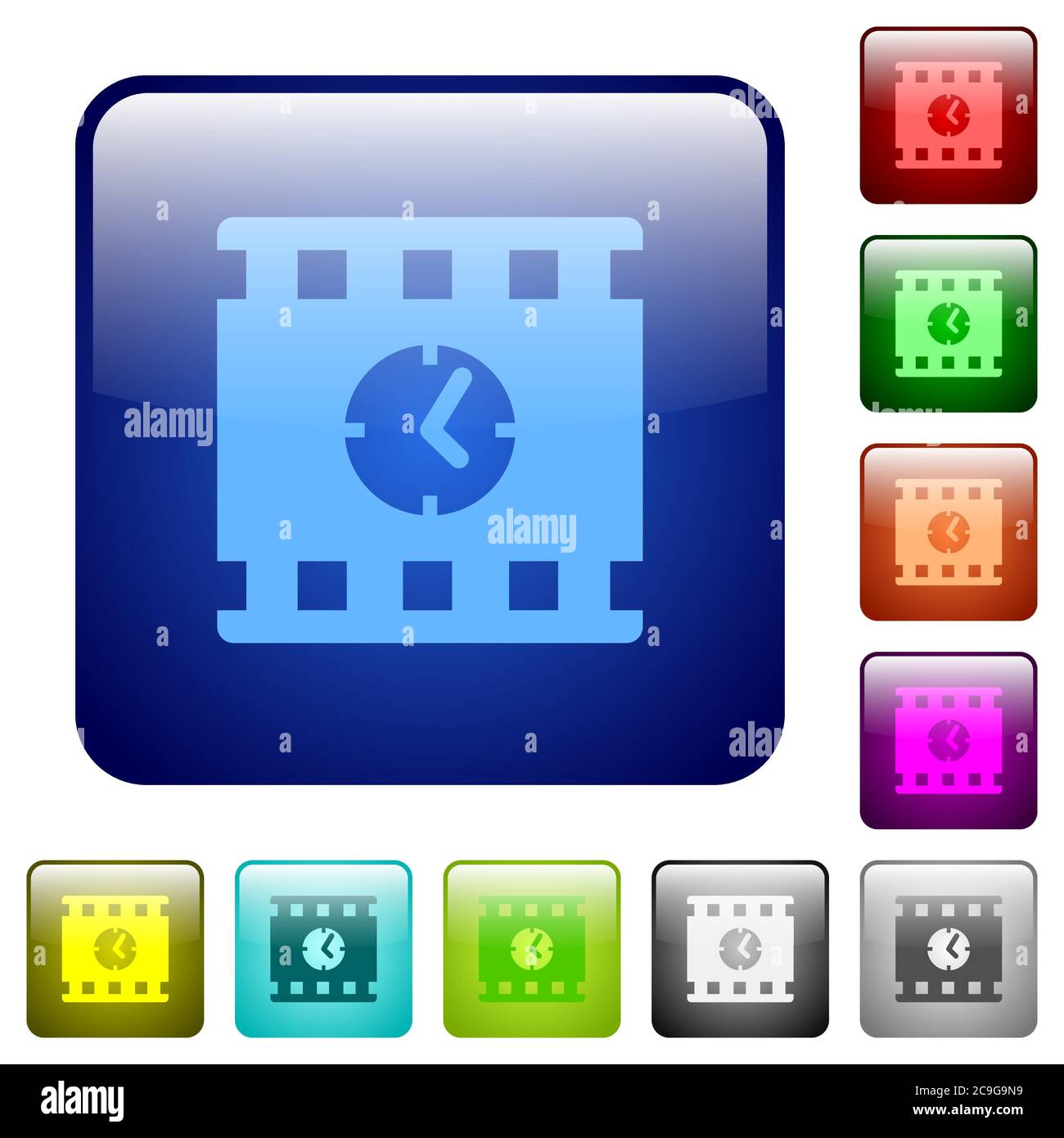 Movie playing time icons in rounded square color glossy button set ...