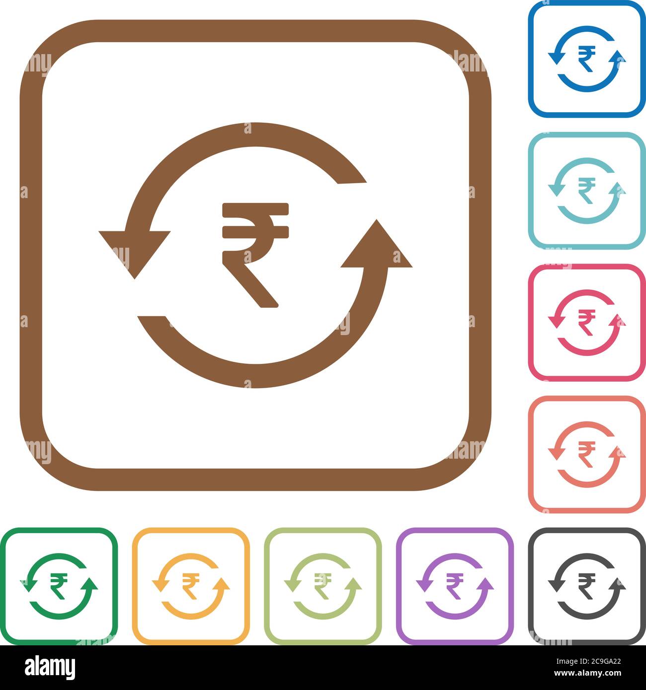 Rupee pay back simple icons in color rounded square frames on white ...