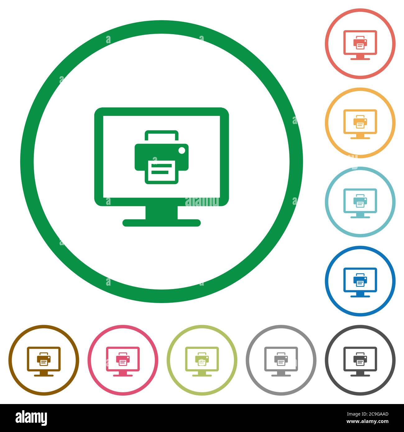 Print screen flat color icons in round outlines on white background ...