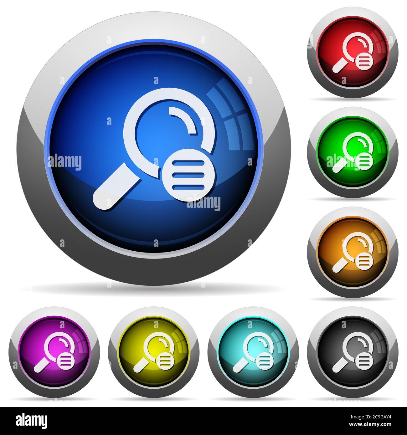 Search options icons in round glossy buttons with steel frames Stock ...