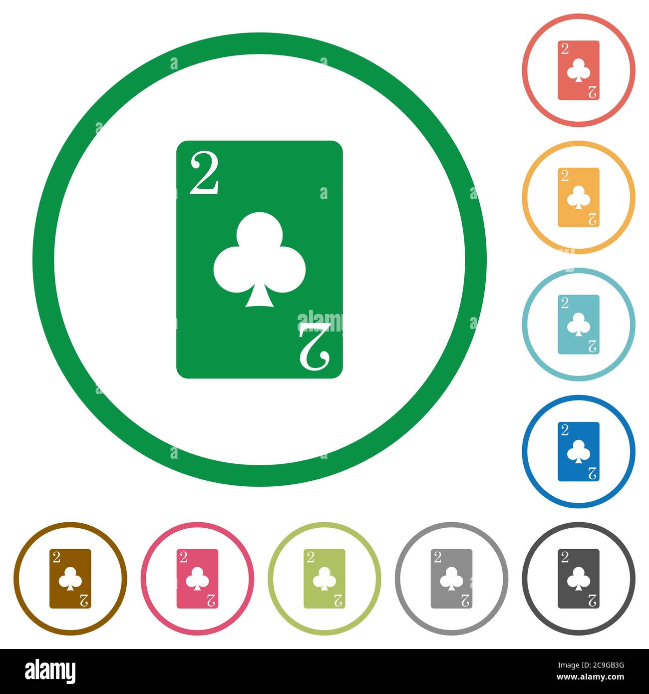 Two of clubs card flat color icons in round outlines on white ...