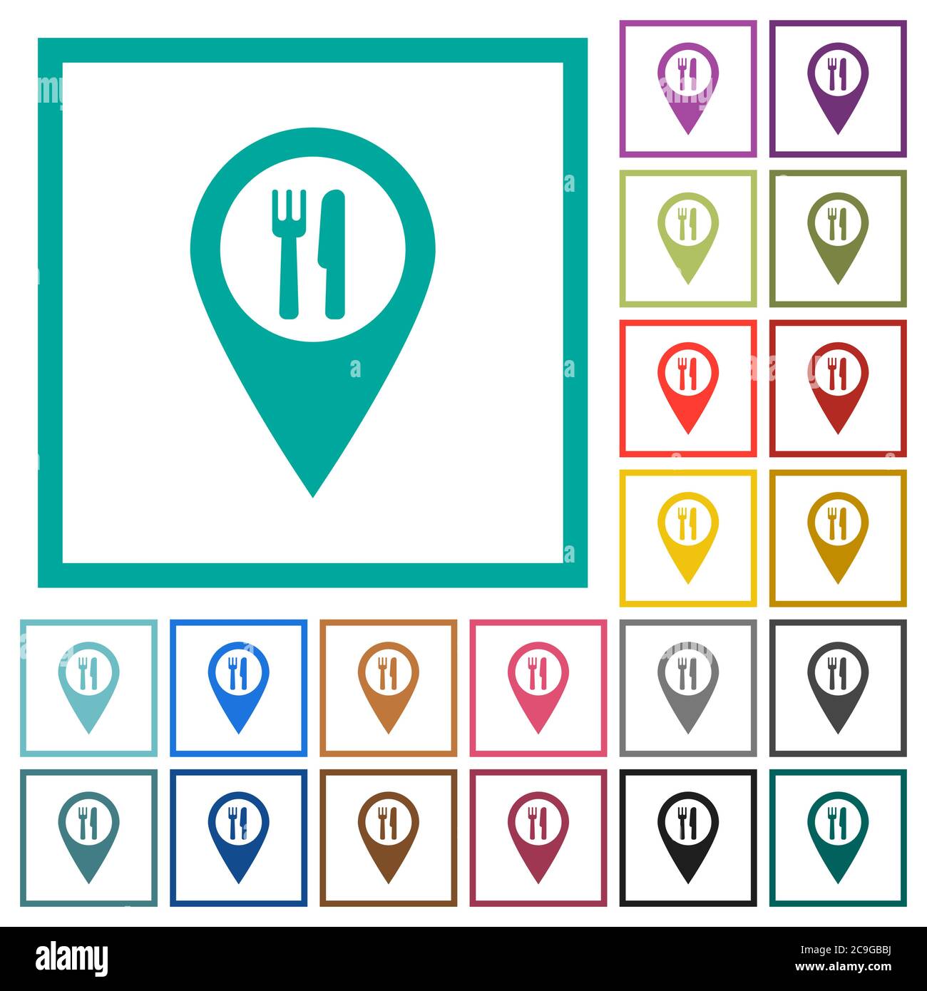 Restaurant GPS map location flat color icons with quadrant frames on ...