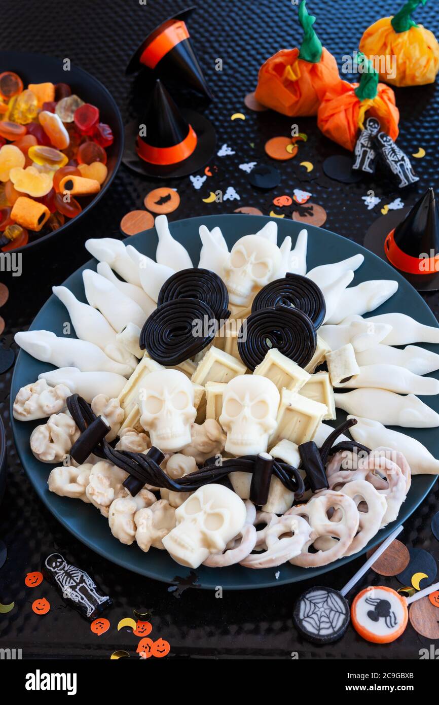 Colorful Halloween candy arranged in a skull shape Stock Photo - Alamy