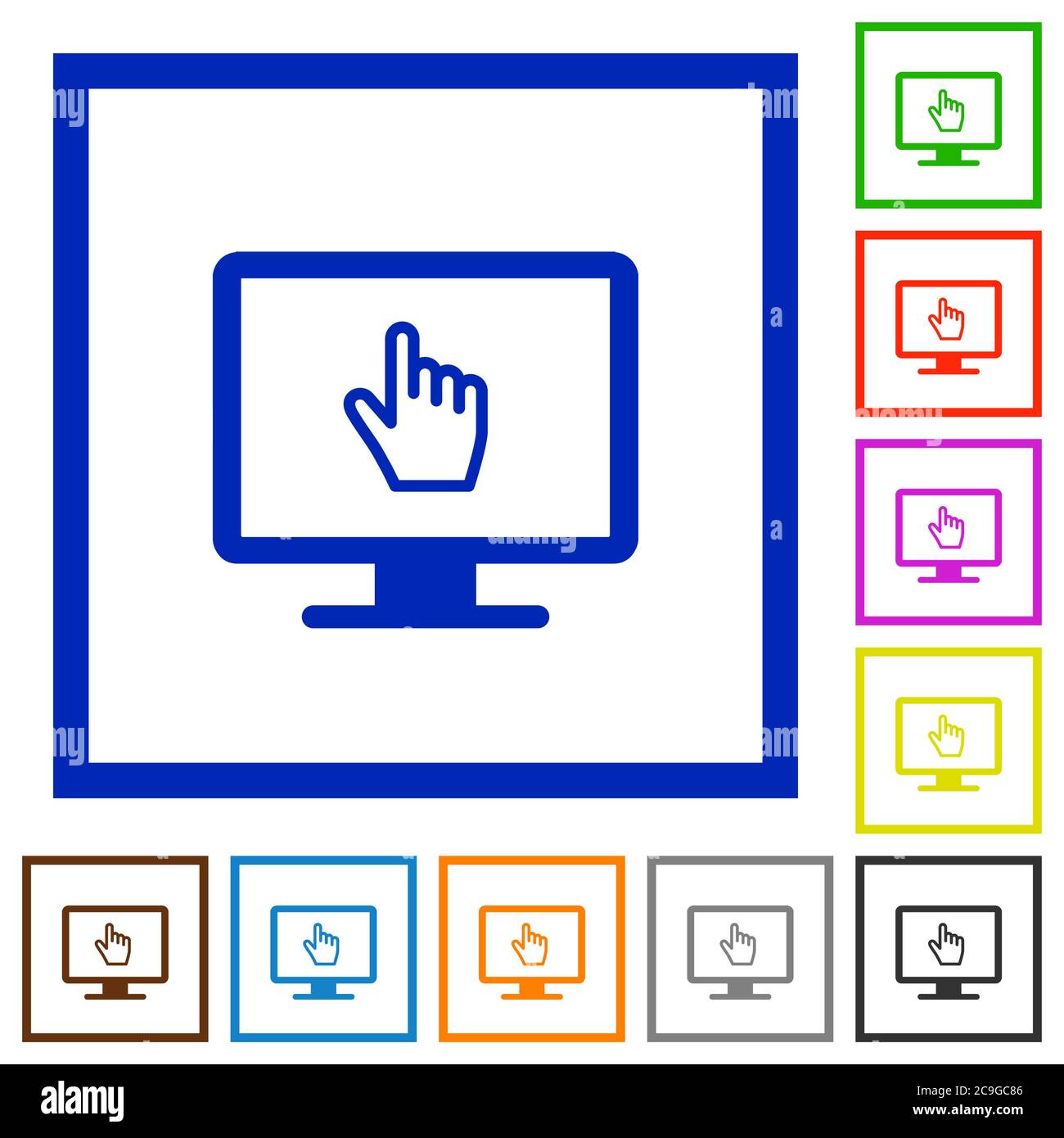 Monitor with pointing cursor flat color icons in square frames on white ...