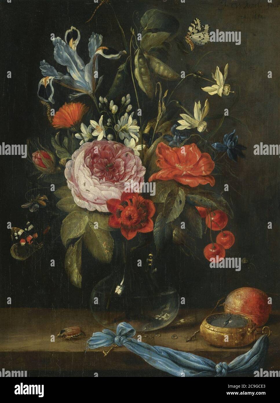 Jan van Kessel de Oude - Stilleven met bloemen in een glazen vaas, samen met een atalanta ...