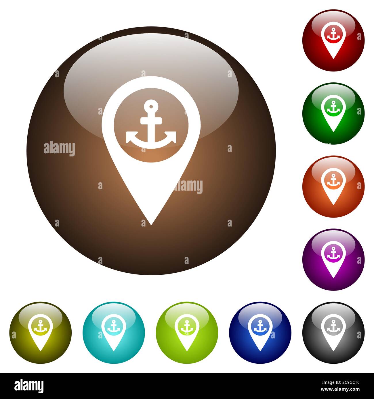 Sea port GPS map location white icons on round color glass buttons ...