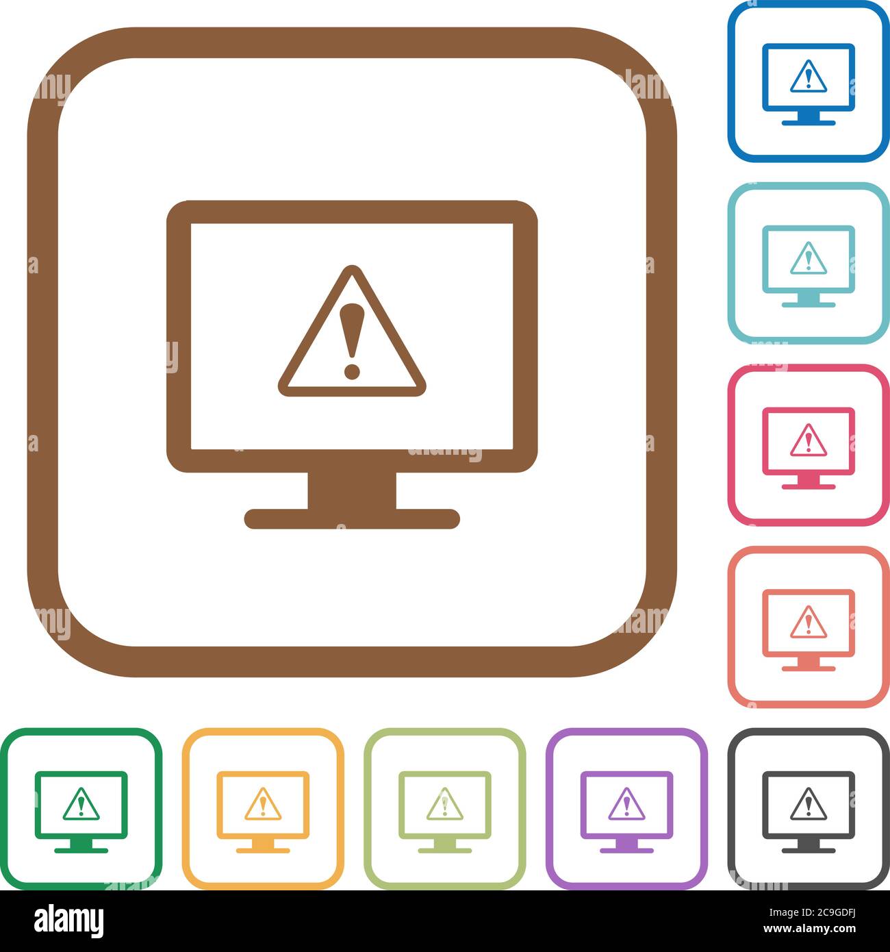 Display warning simple icons in color rounded square frames on white ...