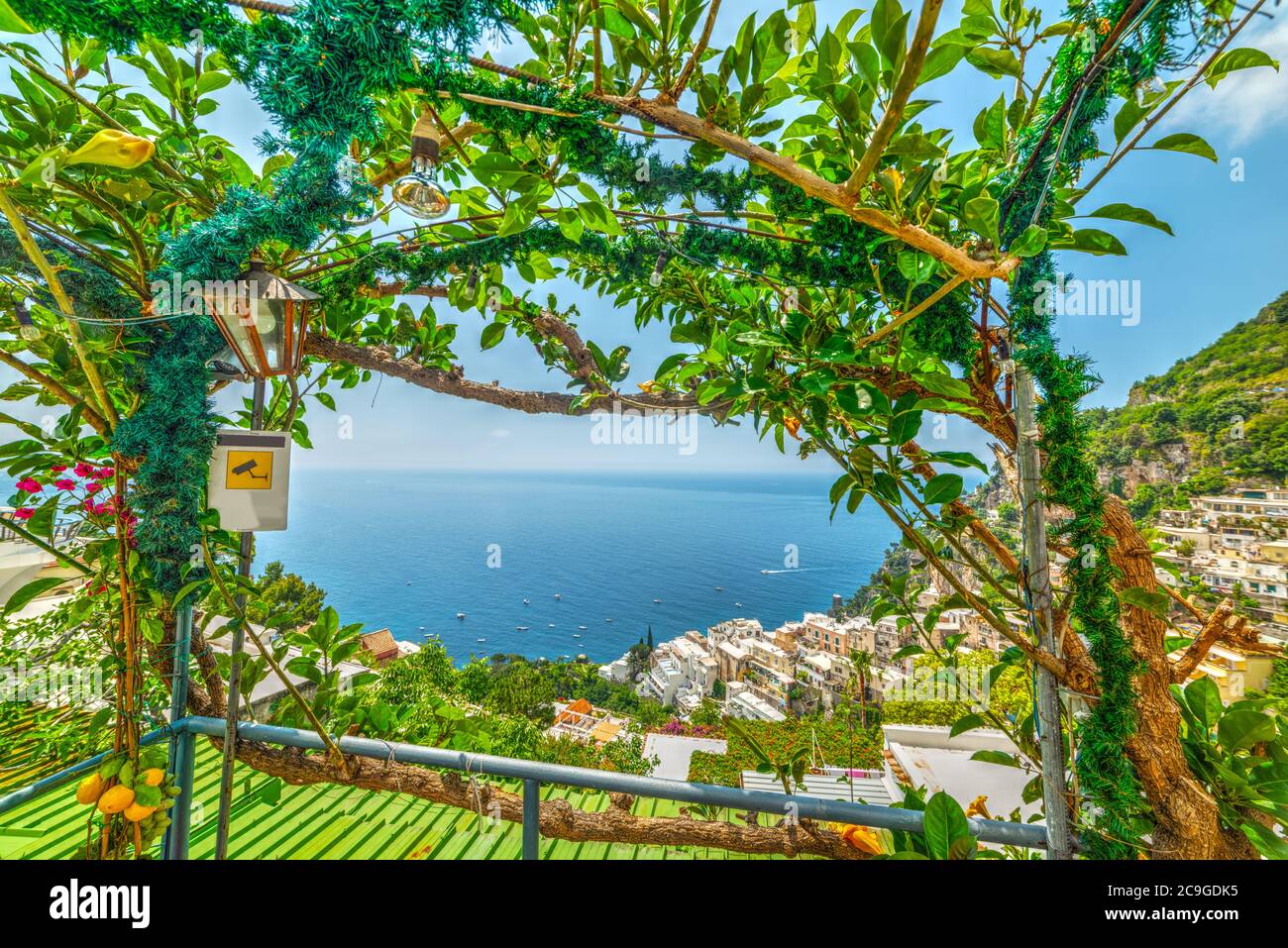 Arbor on a terrace by the sea in Positano. Amalfi coast, Italy Stock ...